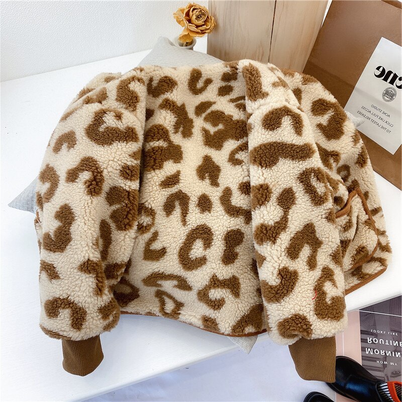 Girls Coat Leopard Print Lamb Wool Plus Velvet Thi... – Grandado