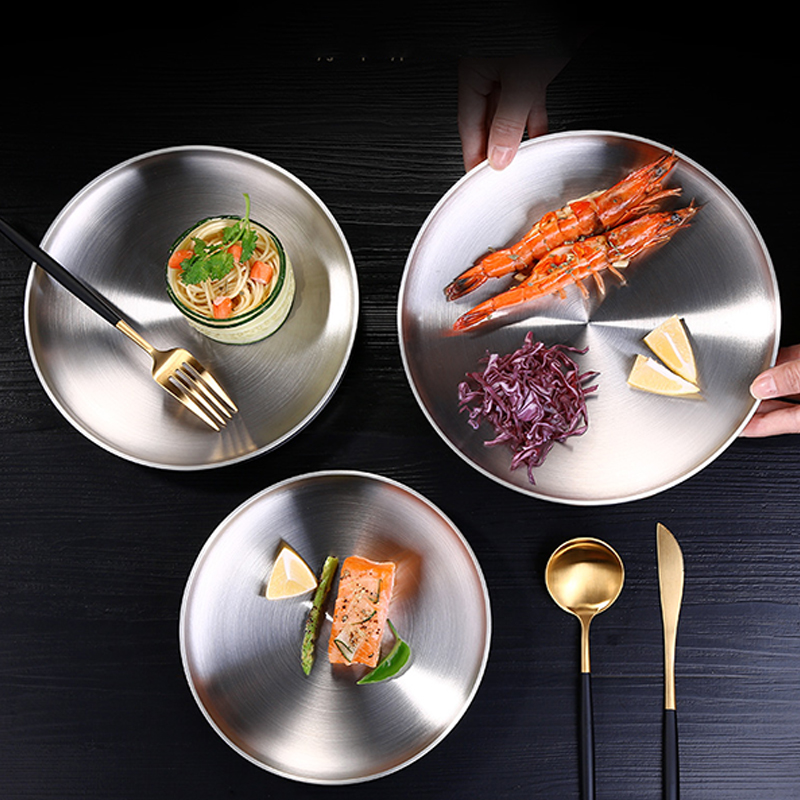 304 Stainless Steel Round Plates Dish Set for Food... – Grandado