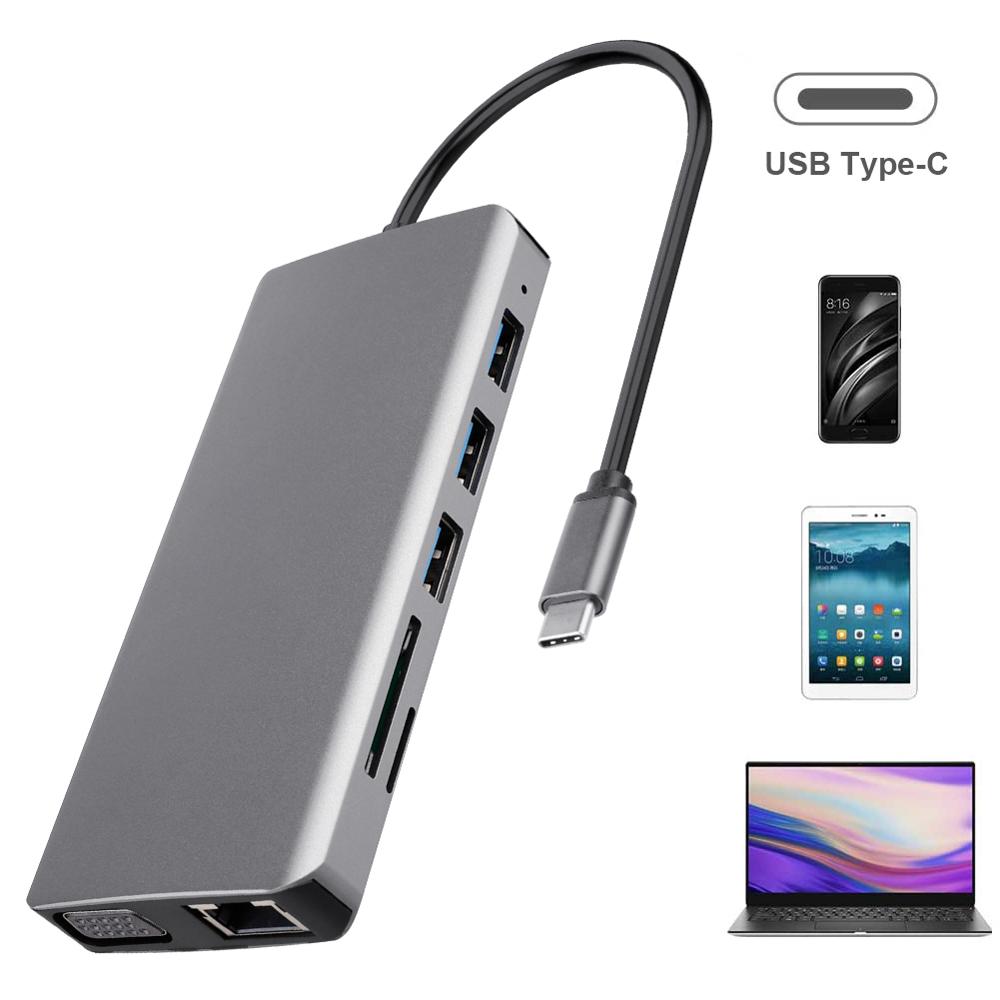9 Poorten Usb C Hub Naar Hdmi Vga RJ45 Gigabit Eth... – Grandado