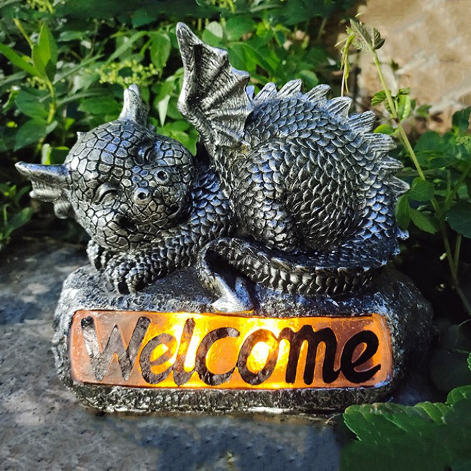 Solar LED Welcome Sign Resin Garden Sleeping Drago... – Grandado