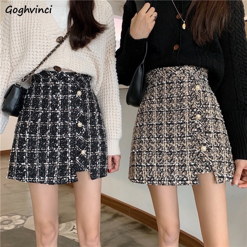 Skirts Women Wool Plaid Buttons Slit A-line Anti-g... – Vicedeal