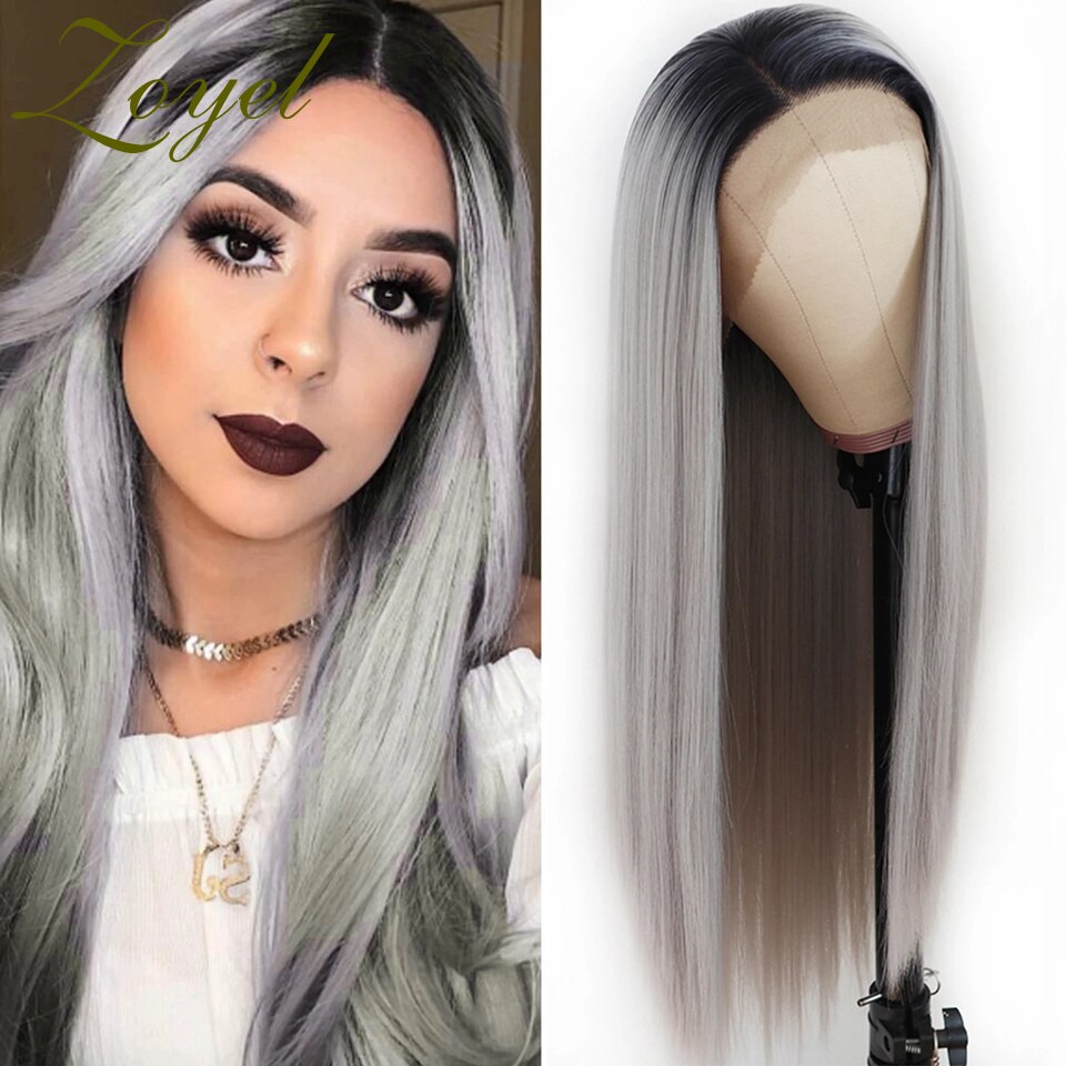 Zoyel Lange Rechte Lace Front Pruik Ombre Grijs Hi... – Grandado