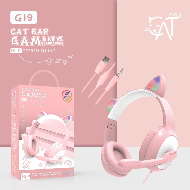 Product G19 Pink Cat Ear Cute Girl Gaming Headset ... – Grandado