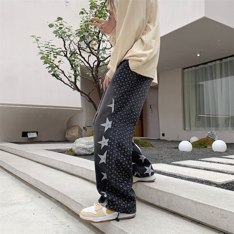 Japan Style Star Print Patchwork Denim Pants Autum... – Grandado