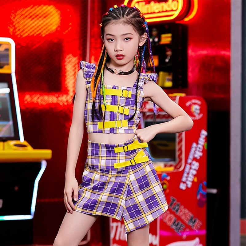 Girls Hip Hop Costumes Trendy Purple Plaid Vest Sk... – Vicedeal