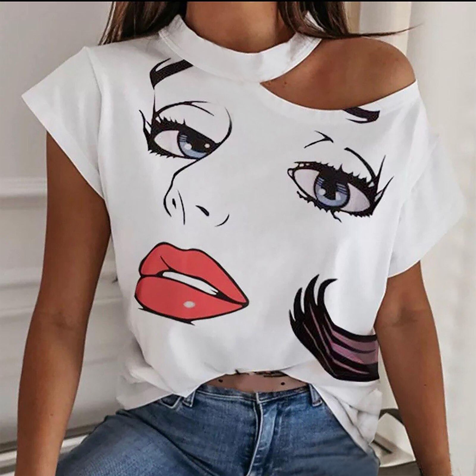 Vrouwen Off-Shoulder Gezicht Print T-shirt Korte M... – Vicedeal