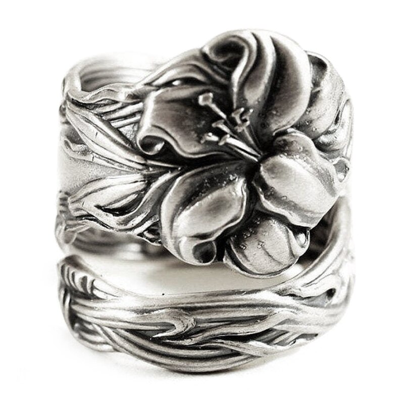 Punk Antique Silver Large Rose Flower Carve Ring W... – Grandado