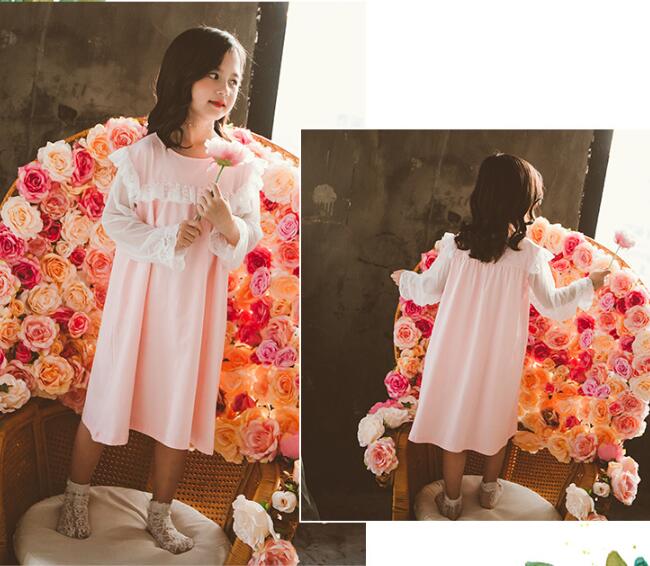 Girls Nightgown Dress Autumn Teen Girl Pink Lace R... – Grandado