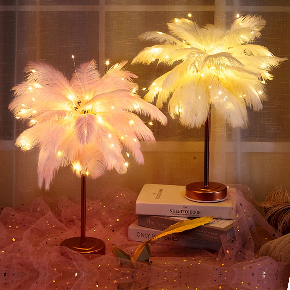 LED Feather Table Lamp Warm White Light Tree Lamp ... – Grandado