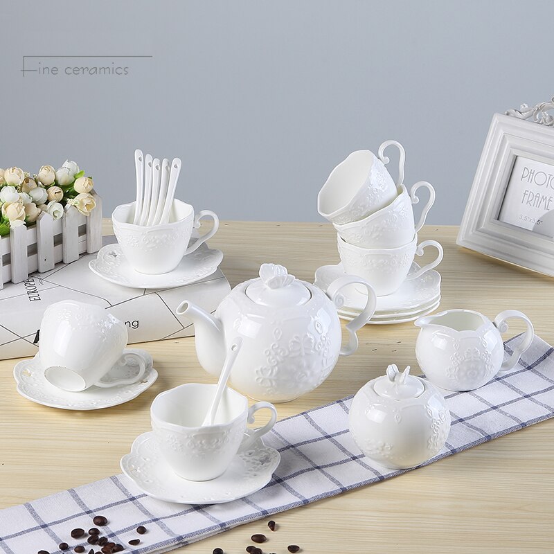 21pc set, white embossed porcelain vintage coffe s... – Vicedeal
