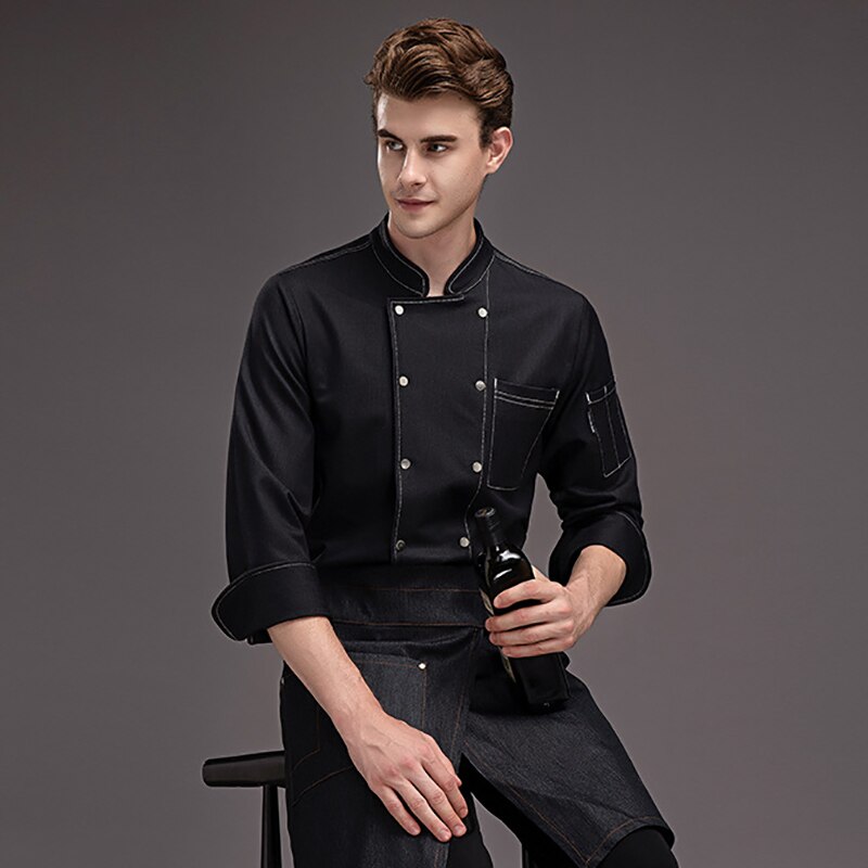 Double-row denim chef overalls autumn and winter m... – Grandado