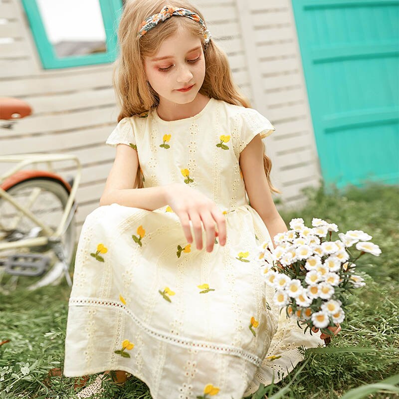 Floral Embroidery Dress Girls Summer High Waist Sh... – Vicedeal