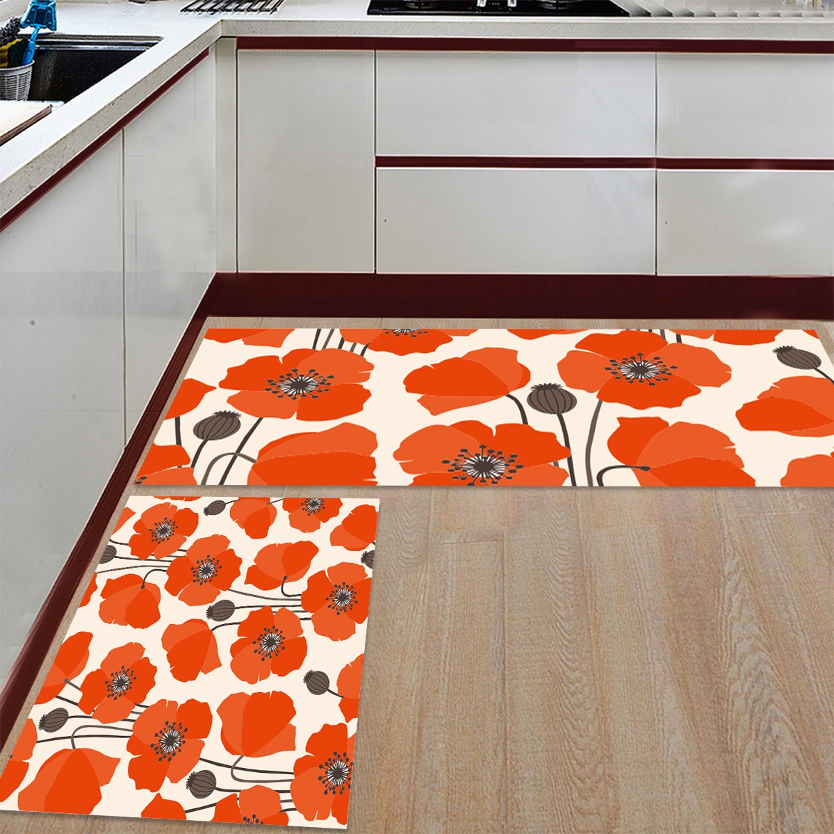 2 st/set blomma orange vallmo lång köksmatta badma... – Vicedeal