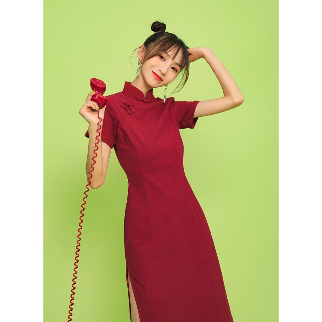 Summer Pure Red Chinese Traditional Cheongsam Impr... – Vicedeal