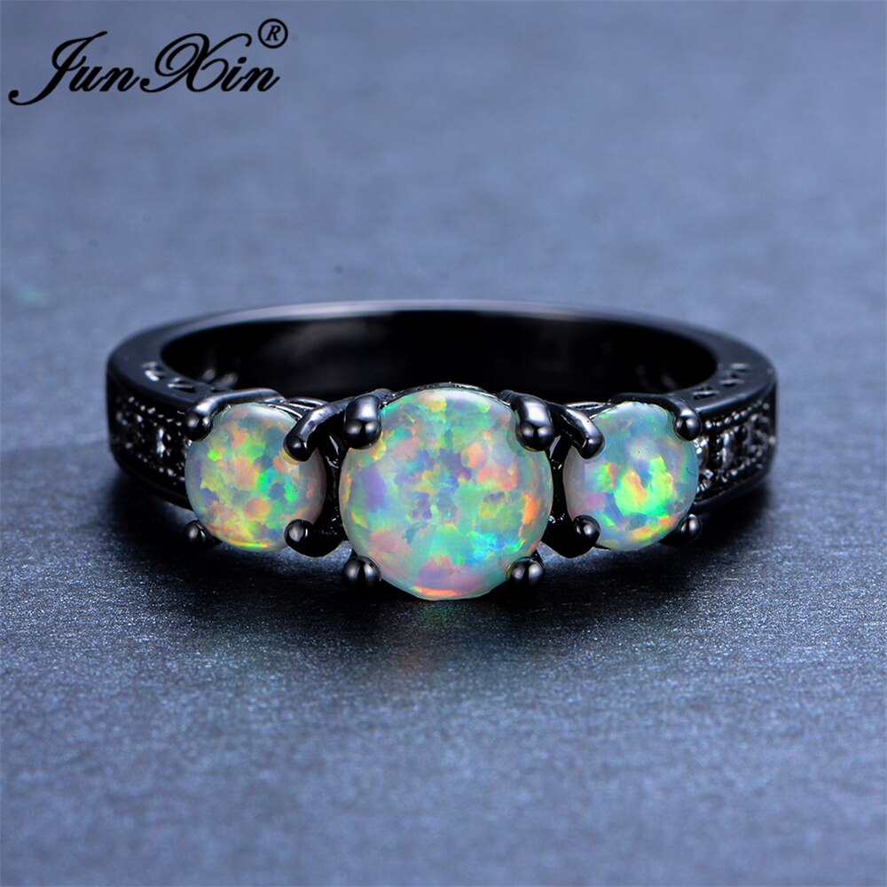 JUNXIN Female White Round Fire Opal Ring Black Gol... – Vicedeal
