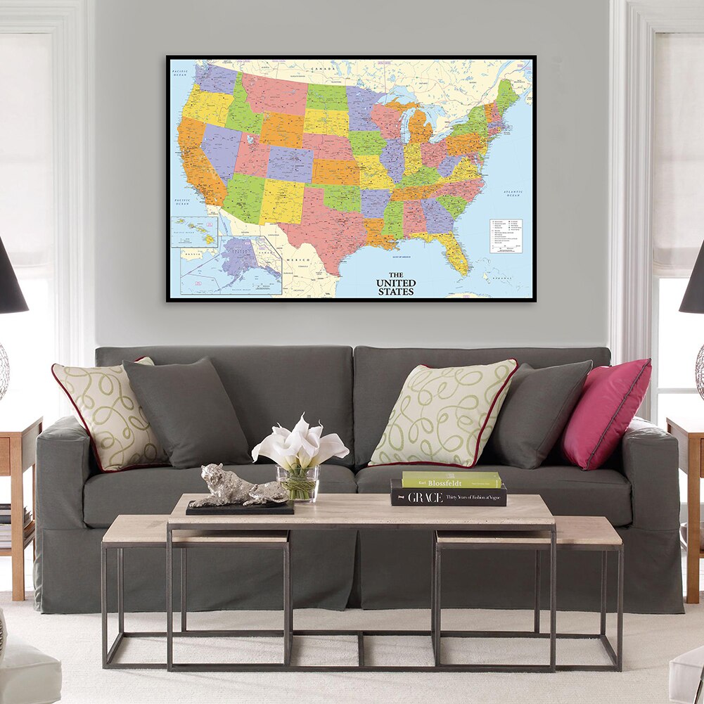 80*60cm The USA Political Map Detailed Canvas Pain... – Grandado