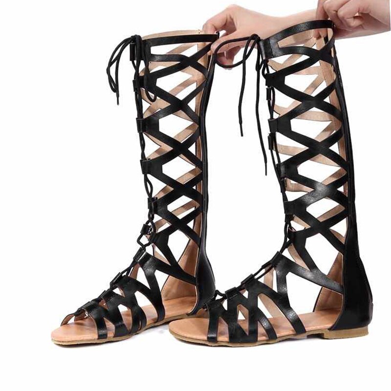 Women Gladiator Flat Summer Knee High Sandals Ladi... – Grandado