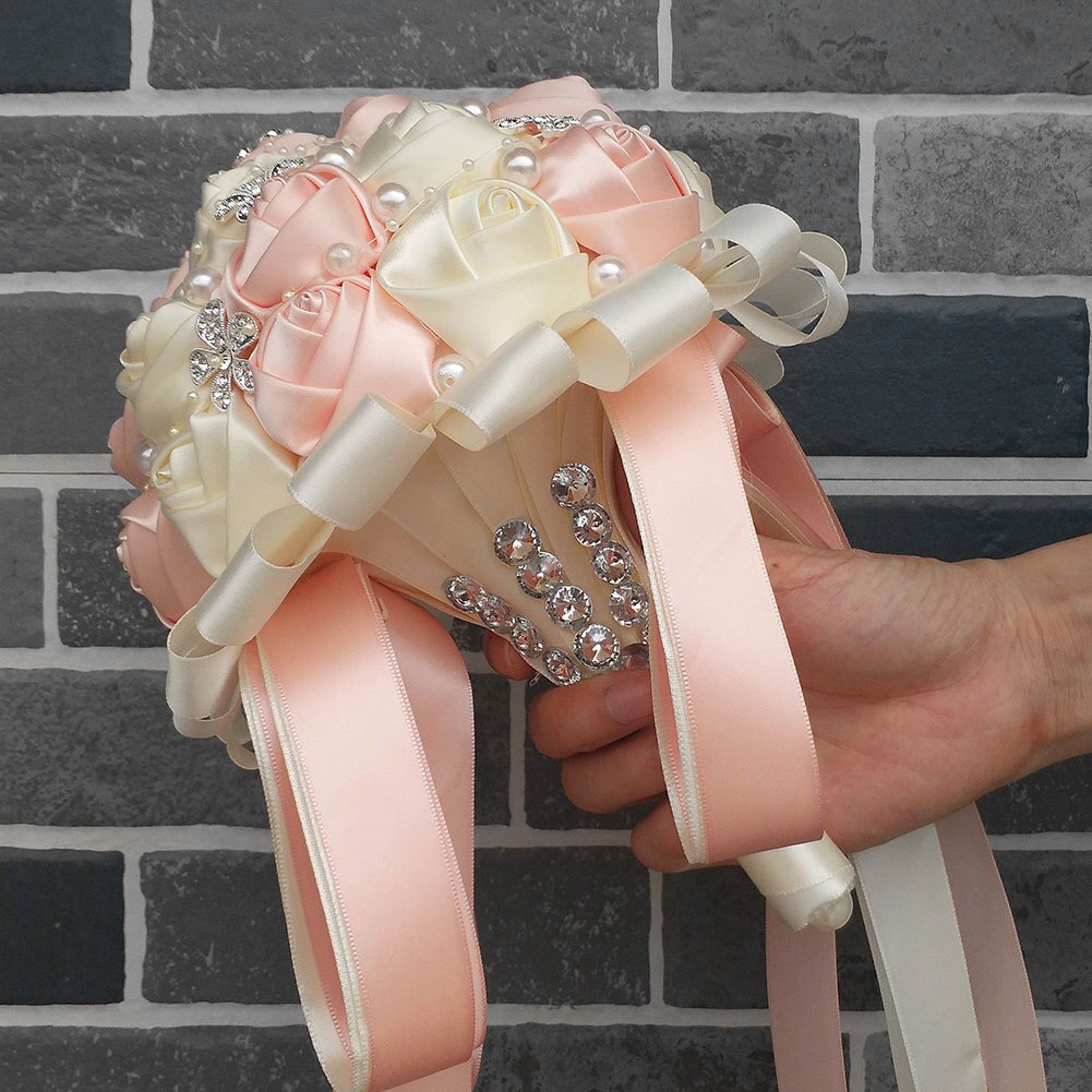 Ivory Pink satin Wedding Flowers Crystals Bridal B... – Grandado