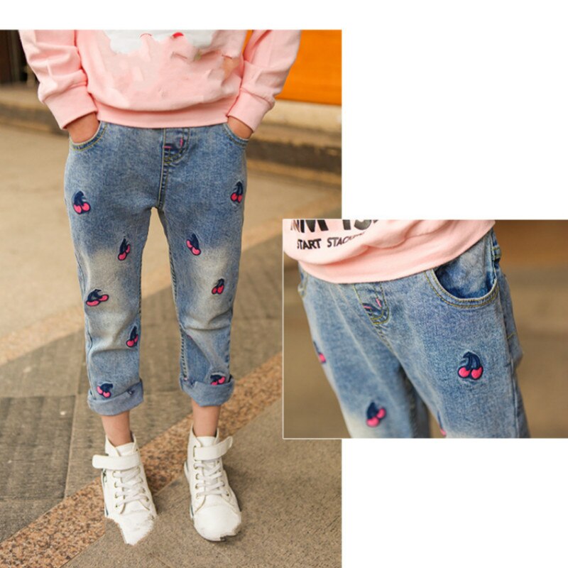 Girls Spring Autumn Cherry Printed Denim Pants Kid... – Grandado
