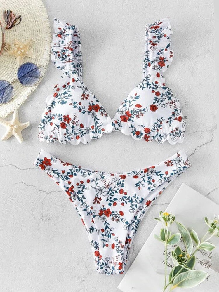 4# Women Flower Printed Bikini Set High Cut V Neck... – Grandado
