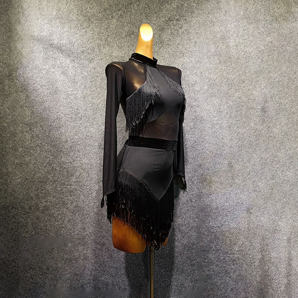 Black Long Sleeve Tassel Latin Dance Dress Dancing... – Grandado