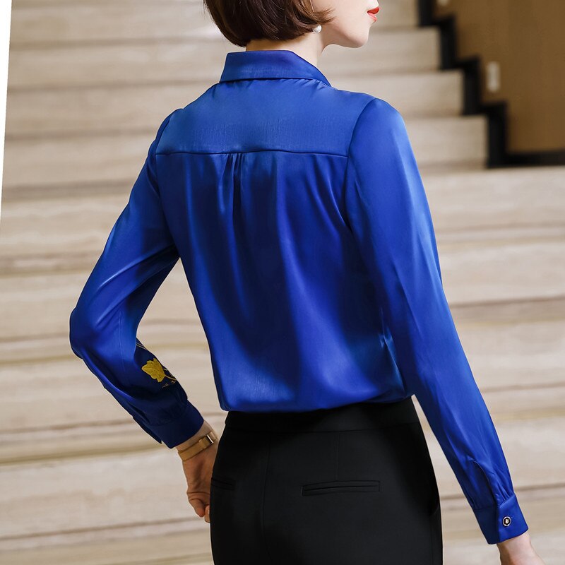 Blue Chiffon Shirt Women Spring Embroidered Long S... – Grandado