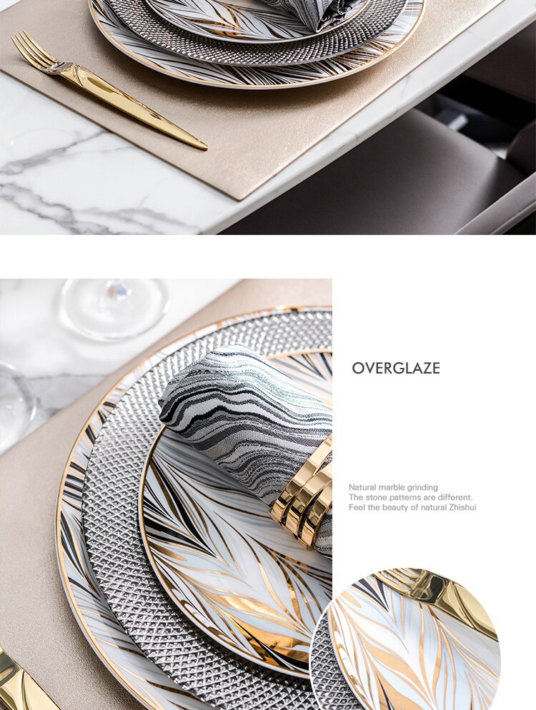 Luxury Gold Line Ceramic Dinner Plate Geometric Di... – Vicedeal