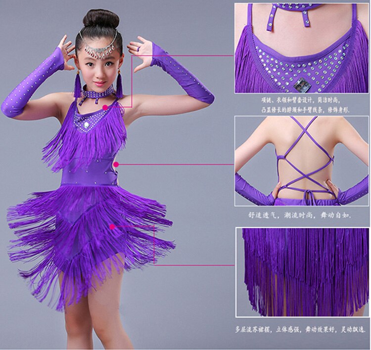 Girl Latin Dance Purple Fringe Salsa Dancing Dress... – Grandado