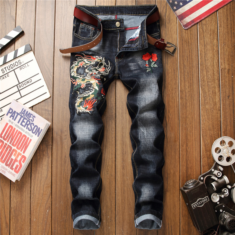 Men’s light luxury dragon embroidery denim pants s... – Grandado