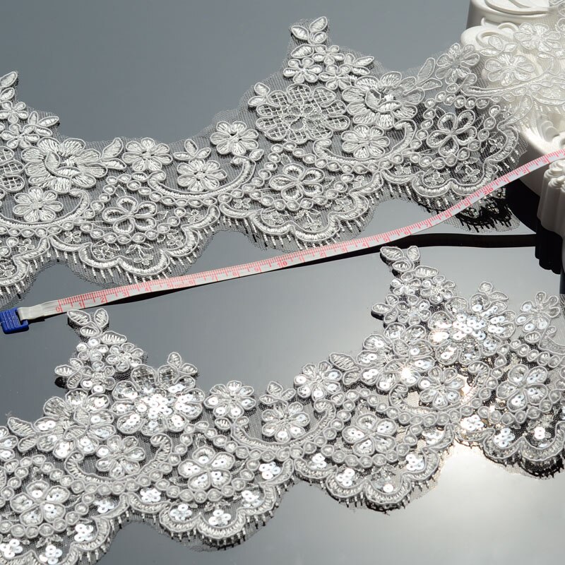 1Yard White/Ivory Cording Fabric Sequins Flower Ve... – Grandado