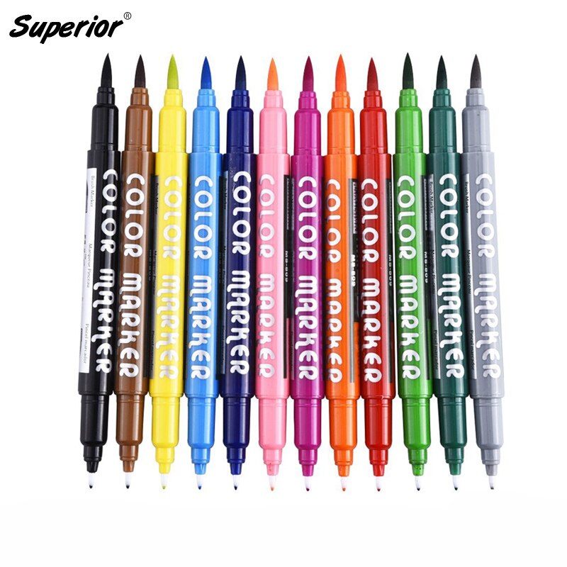 12 Colors Markers Dual Watercolor Brush Marker Col... – Vicedeal