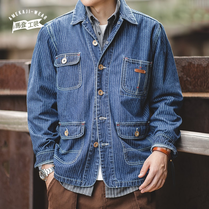 Maden Denim Striped Jackets For Men Loose Cowboy C... – Grandado