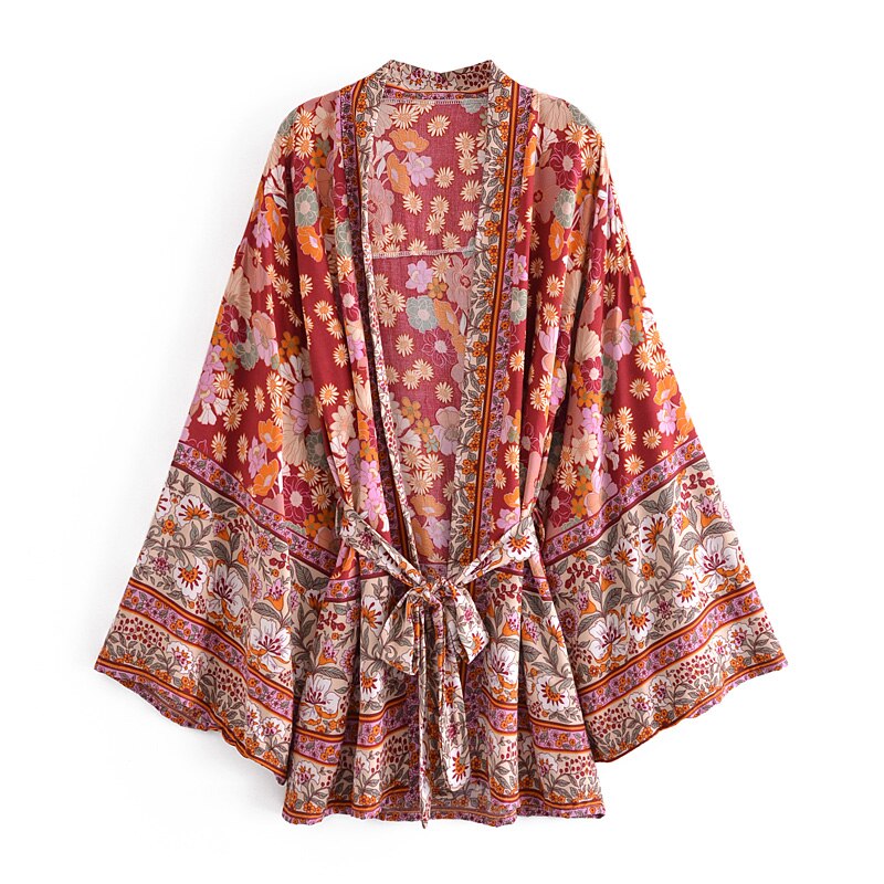 Boho Vintage Red Floral Print Sashes kimono Women ... – Grandado