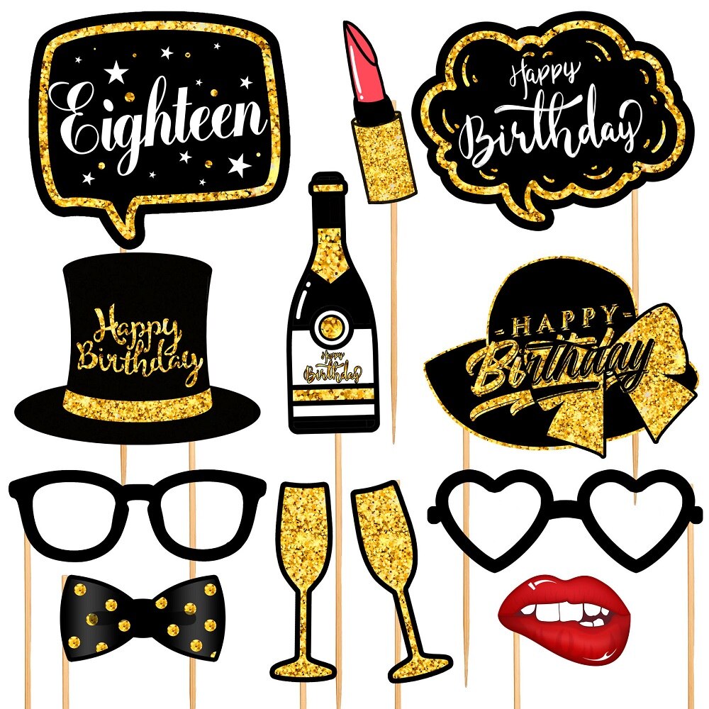 12pcs Black and Gold Birthday Photo Booth Props Se... – Vicedeal