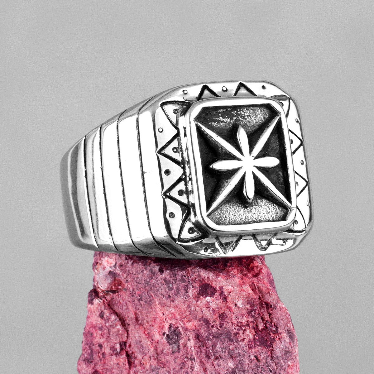 Polaris-anillo de acero inoxidable con de flores p... – Grandado
