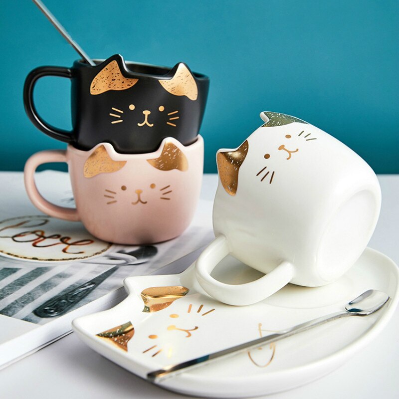 Ceramic Coffee Cup Set Cartoon Cat Tea Cup with Sa... – Grandado