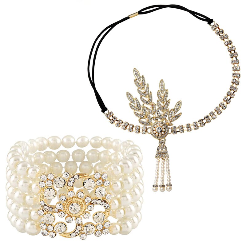 1920s Flapper Pearl Headband Bracelet Ring Set Gre... – Grandado
