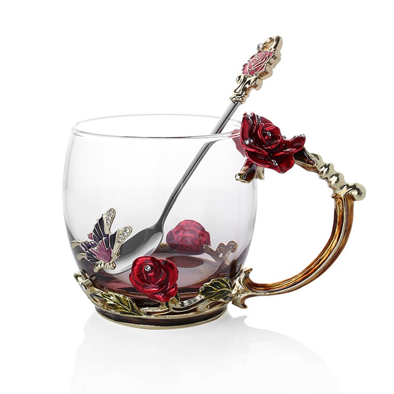 Emaille Koffie Thee Cup Mok 3D Rose Vlinder Glas C... – Vicedeal