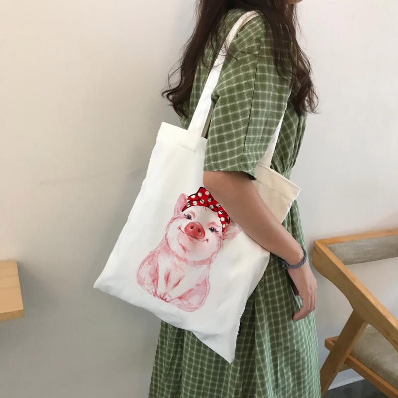Cute Pig Print Canvas Shopping Bag Tote Shoulder B... – Grandado
