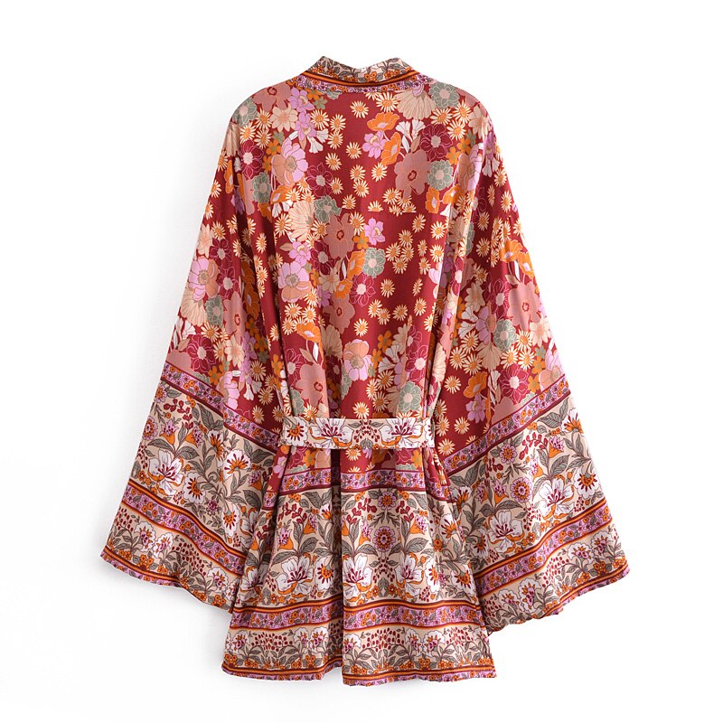 Boho Vintage Red Floral Print Sashes kimono Women ... – Vicedeal