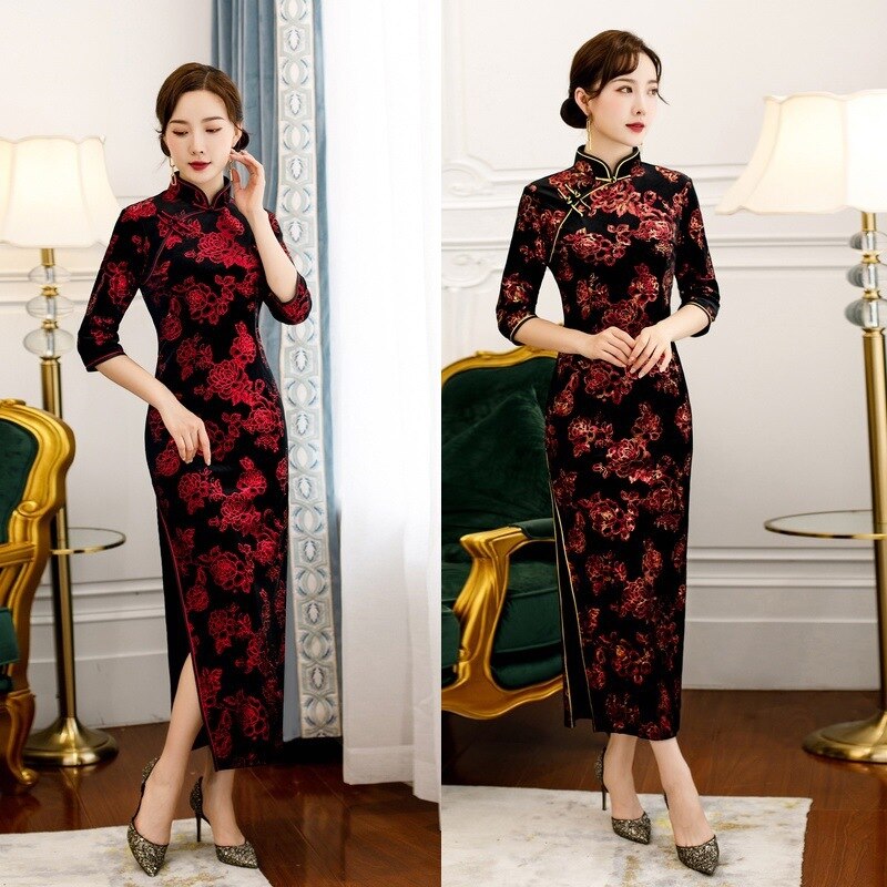 Autumn Gold Velvet Long Cheongsam Retro Style Stan... – Grandado
