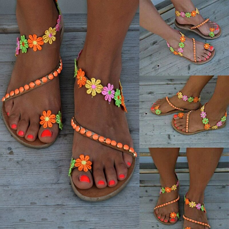 Women Boho Colored Flower Cross Toe Ring Flat Sand... – Grandado