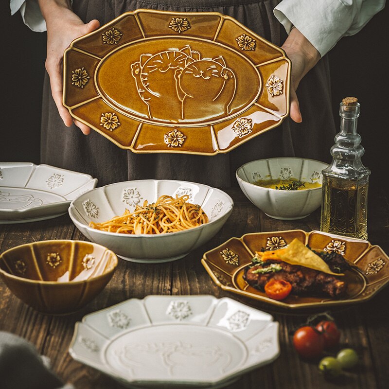 Retro Ceramic Plates Tableware Dinner Plate Emboss... – Grandado