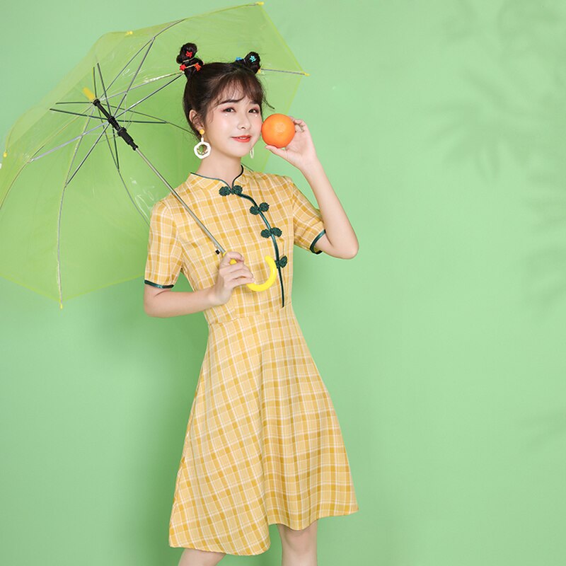 Plus Size M-4XL Summer Short Sleeve Yellow Grid Qi... – Grandado