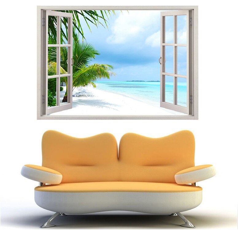 3D Effect Window View WALL STICKERS Tropical Beach... – Grandado