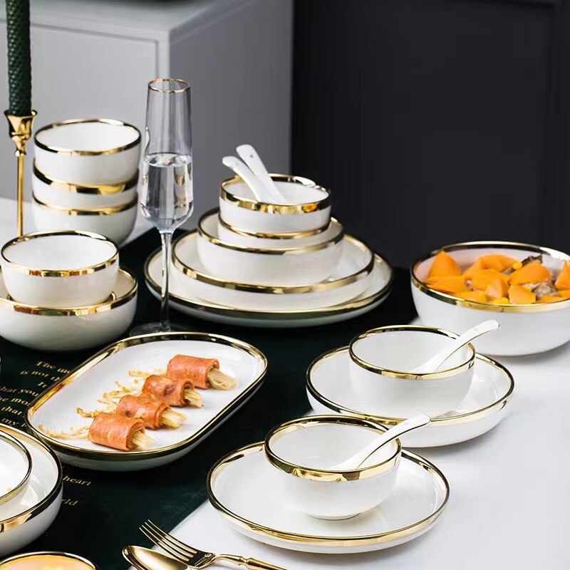 White Porcelain Plates Gold Plate Steak Food Plate... – Grandado