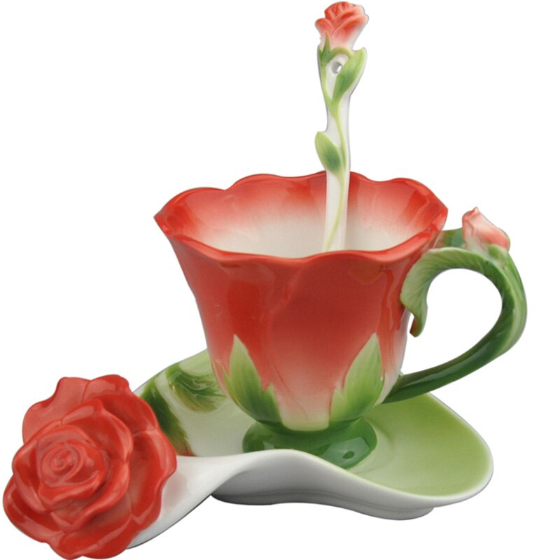 3D Rose Enamel Coffee Mug Tea Milk Cup Set With Sp... – Vicedeal