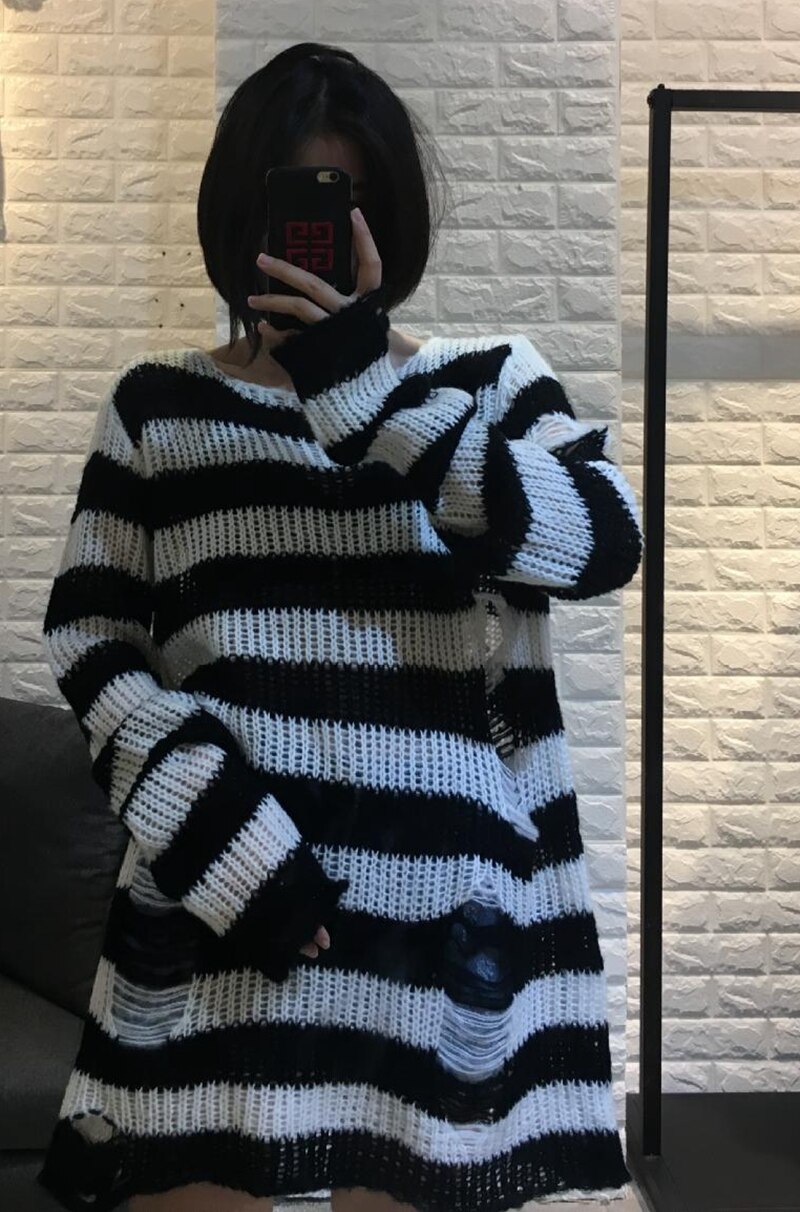 Punk Gothic Striped Long Sleeve Loose Patchwork Wo... – Grandado