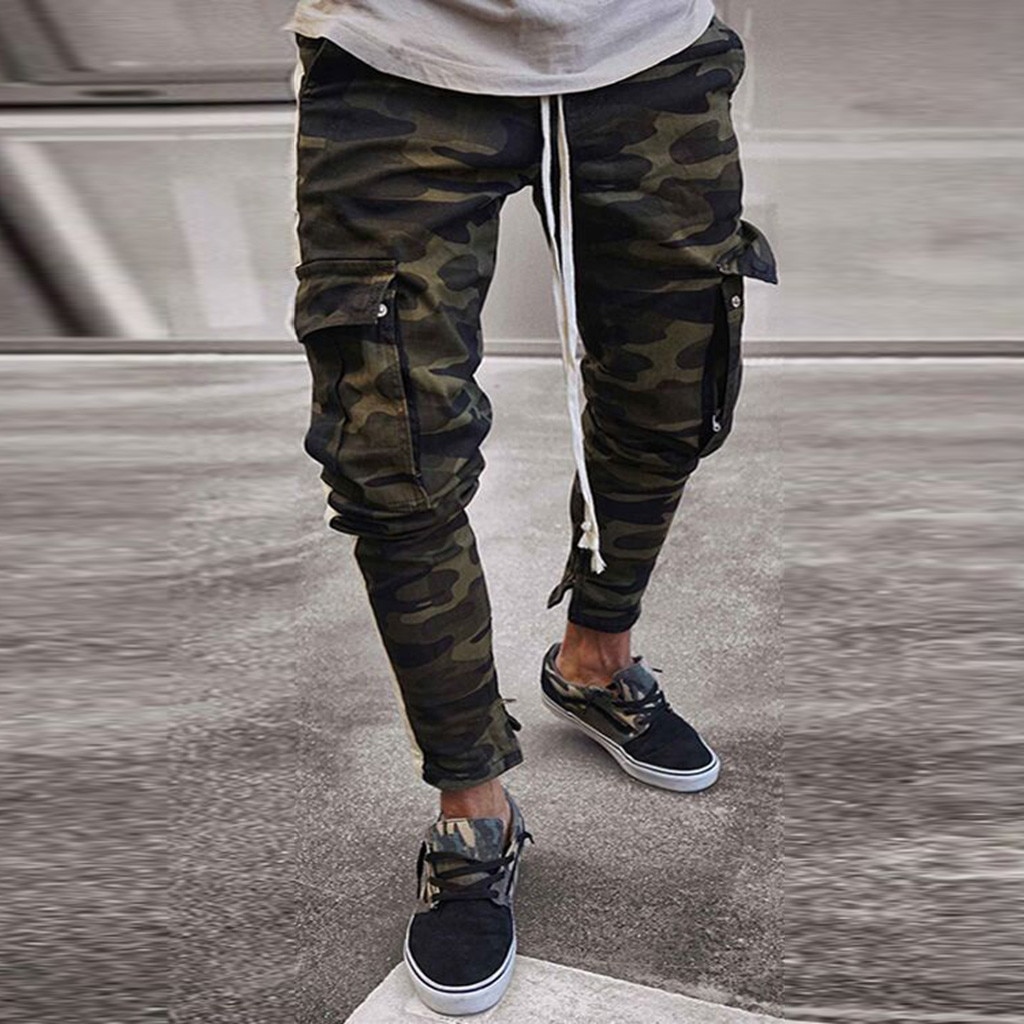 Mens Skinny Stretch Denim Pants Camouflage Pleated... – Grandado
