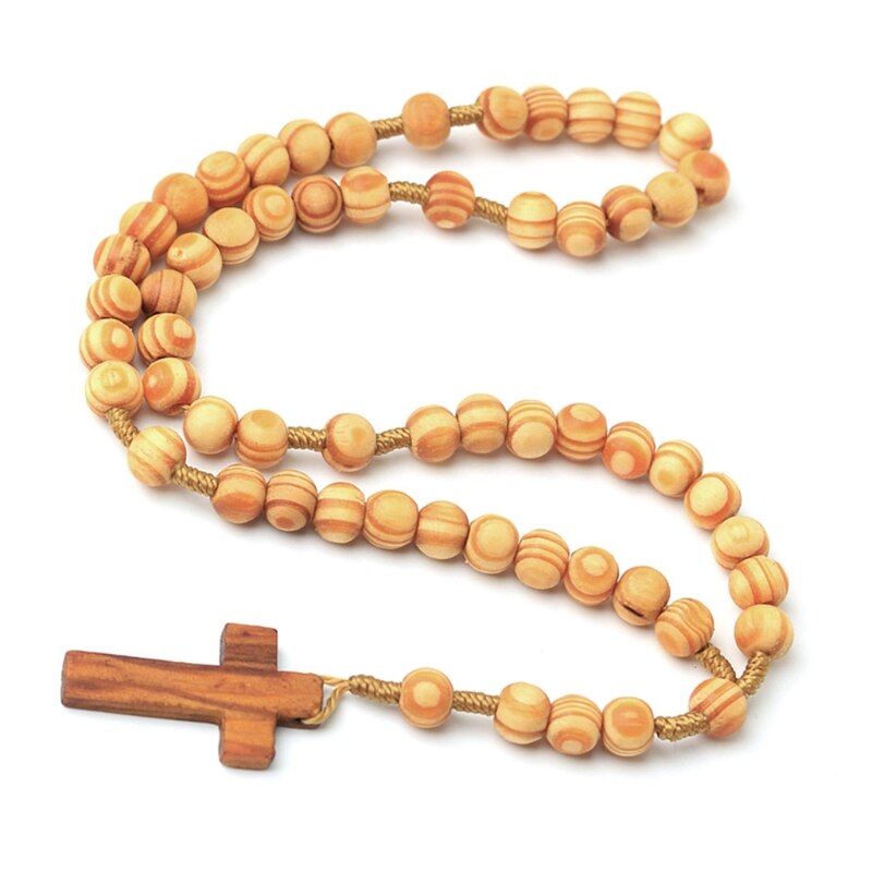 Vetas de madera cuentas cruz de Jesús collar Rosar... – Grandado
